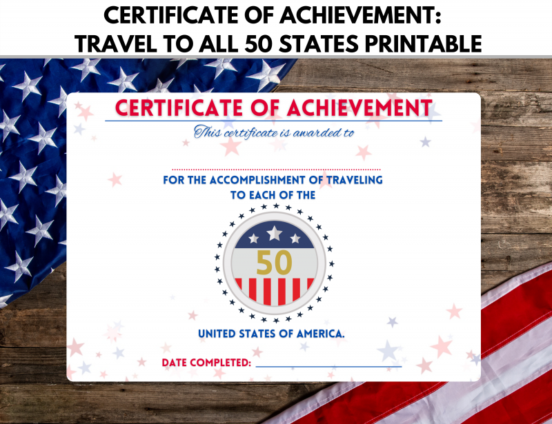 Traveled to All 50 States Certificate of Achievement PRINTABLE