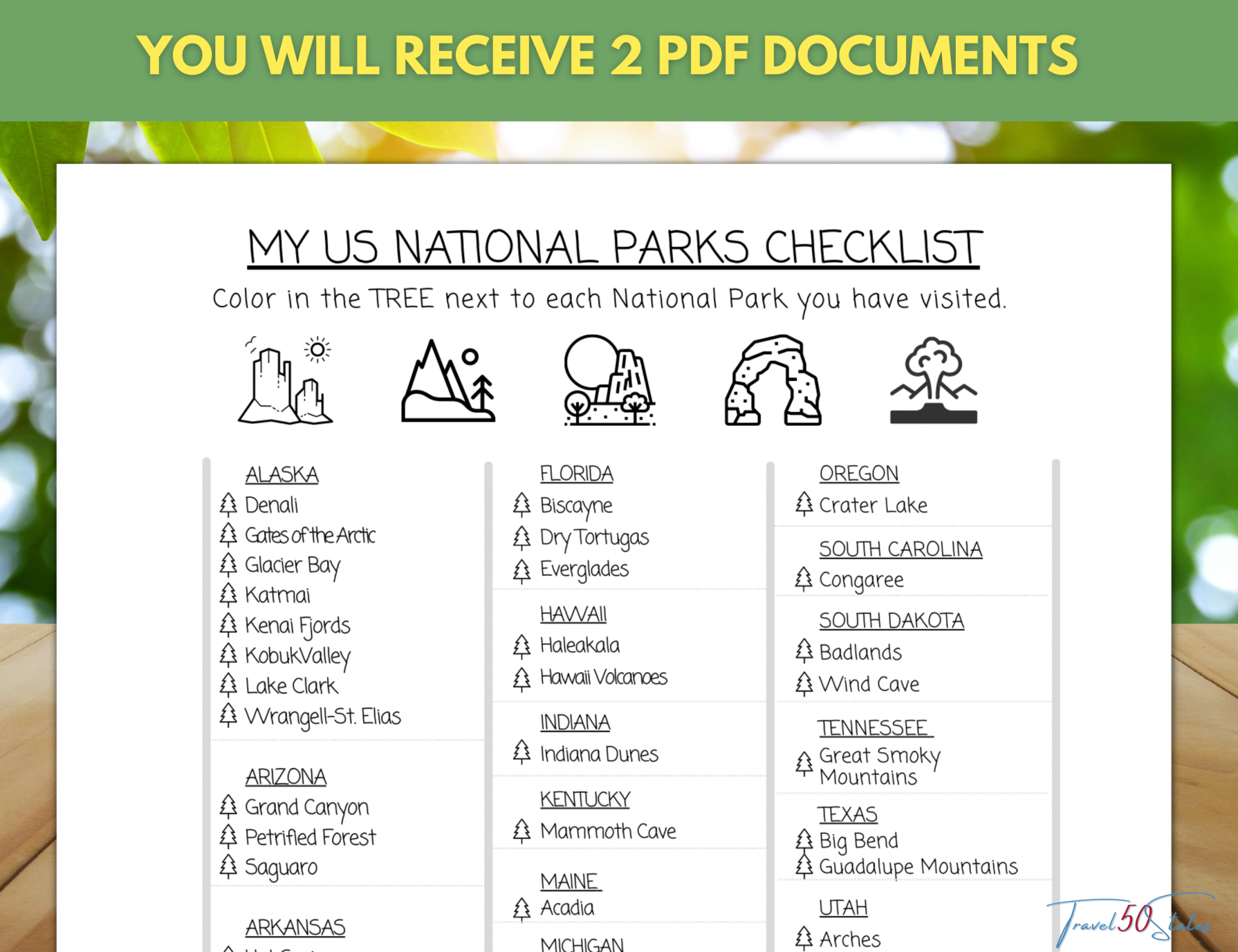 US National Parks Checklist Printable