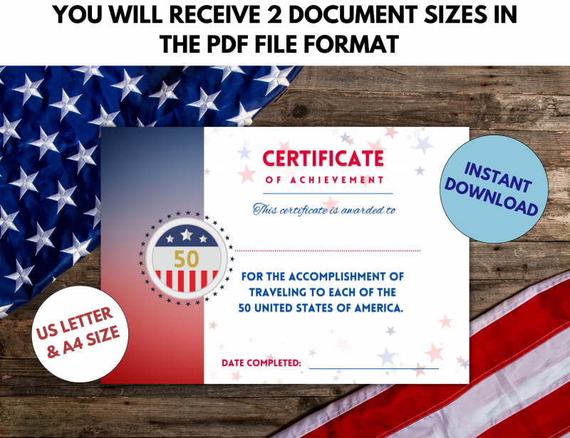 Traveled to All 50 States Certificate of Achievement PRINTABLE