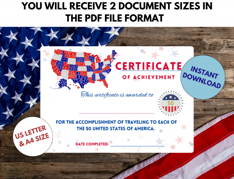 Traveled to All 50 States Certificate of Achievement PRINTABLE