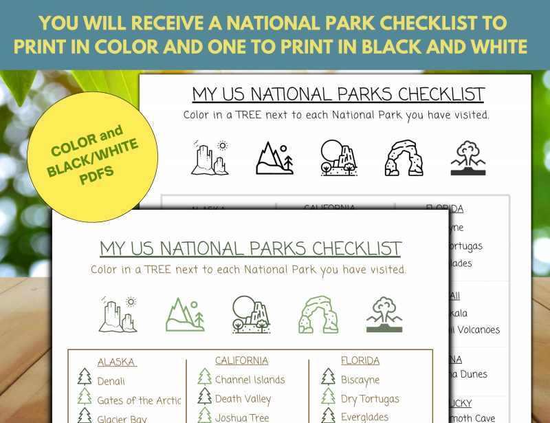 US National Parks Checklist Printable 2 Page Layout