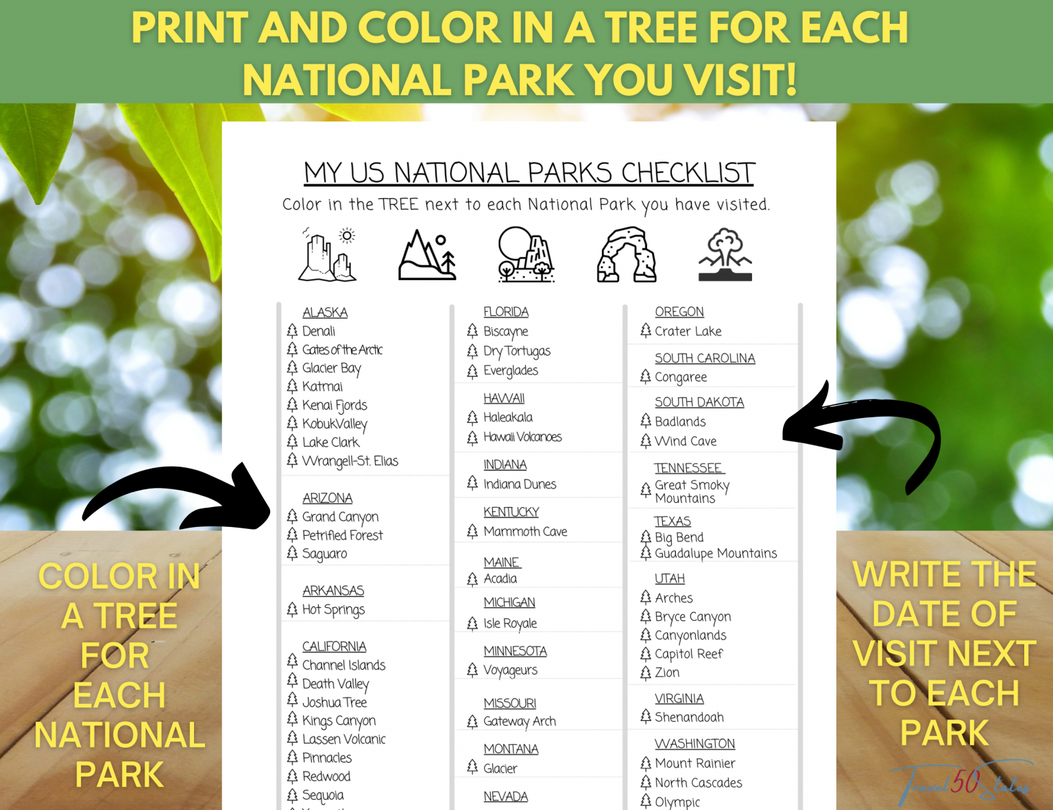 US National Parks Checklist Printable