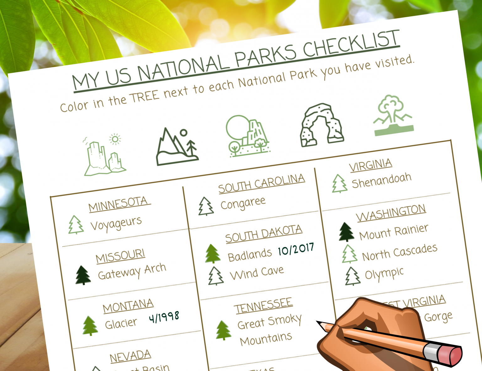 US National Parks Checklist Printable 2 Page Layout