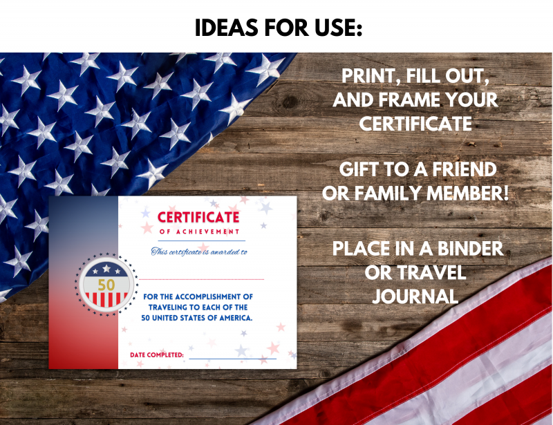 Traveled to All 50 States Certificate of Achievement PRINTABLE