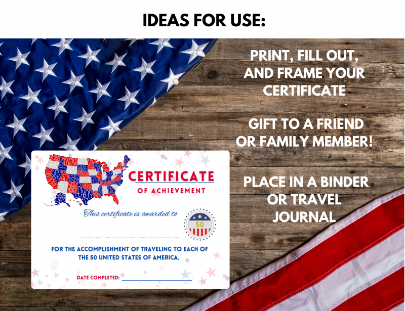 Traveled to All 50 States Certificate of Achievement PRINTABLE