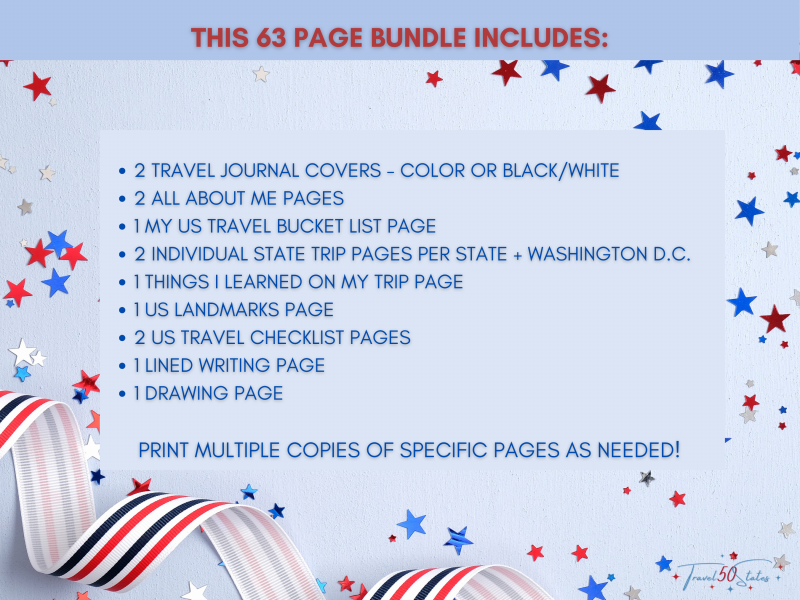 Travel 50 States Journal for Kids PRINTABLE Bundle
